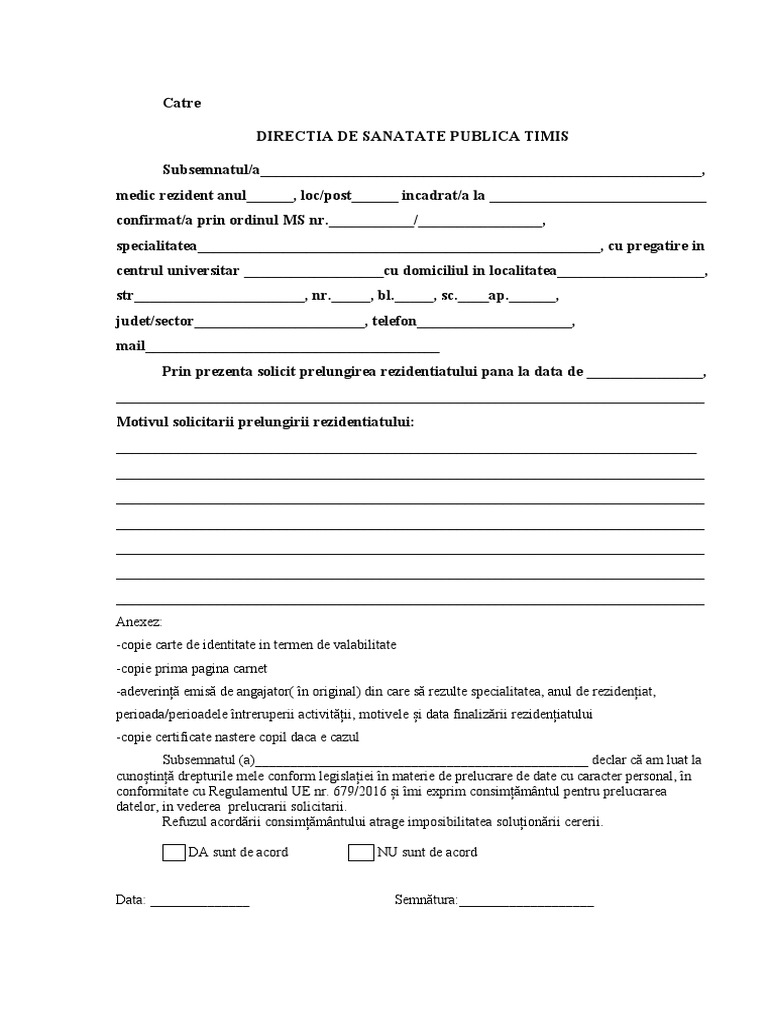 Model Cerere Prelungire Rezidentiat DSP | PDF