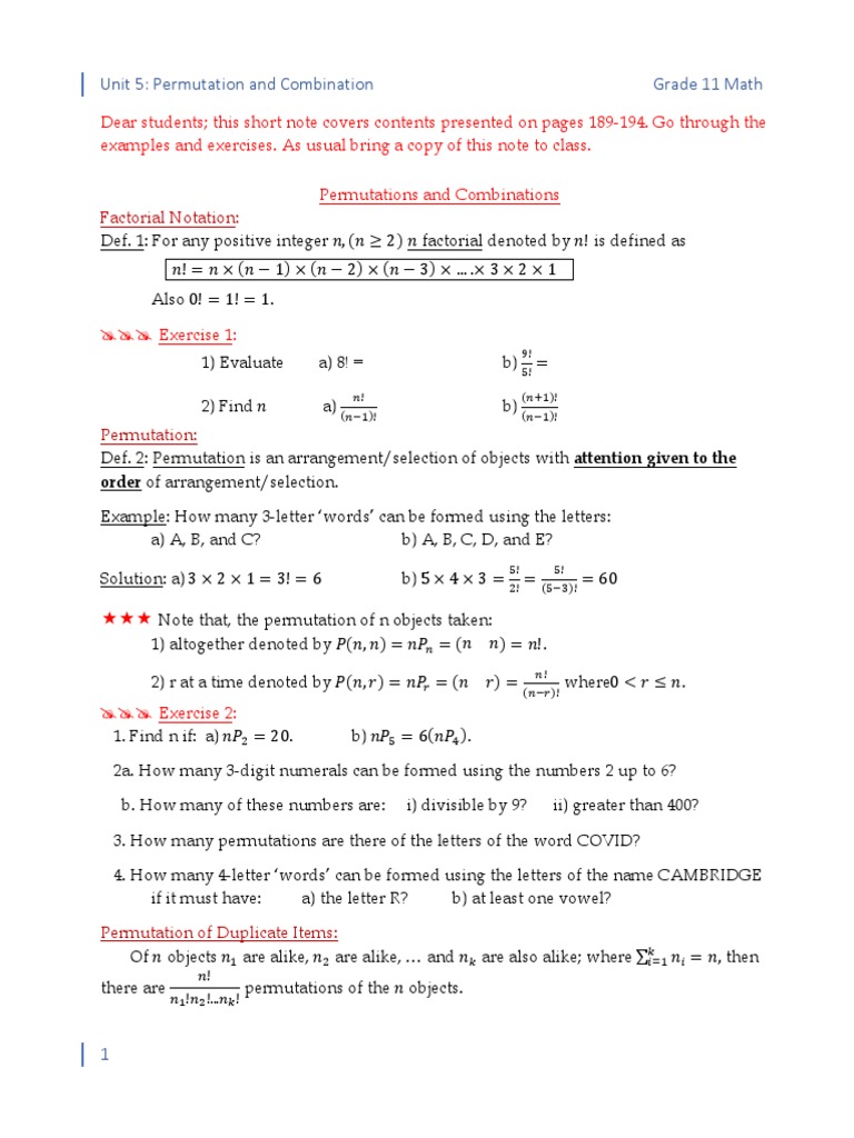 Unit 5: Permutation and Combination Grade 11 Math | PDF | Permutation ...