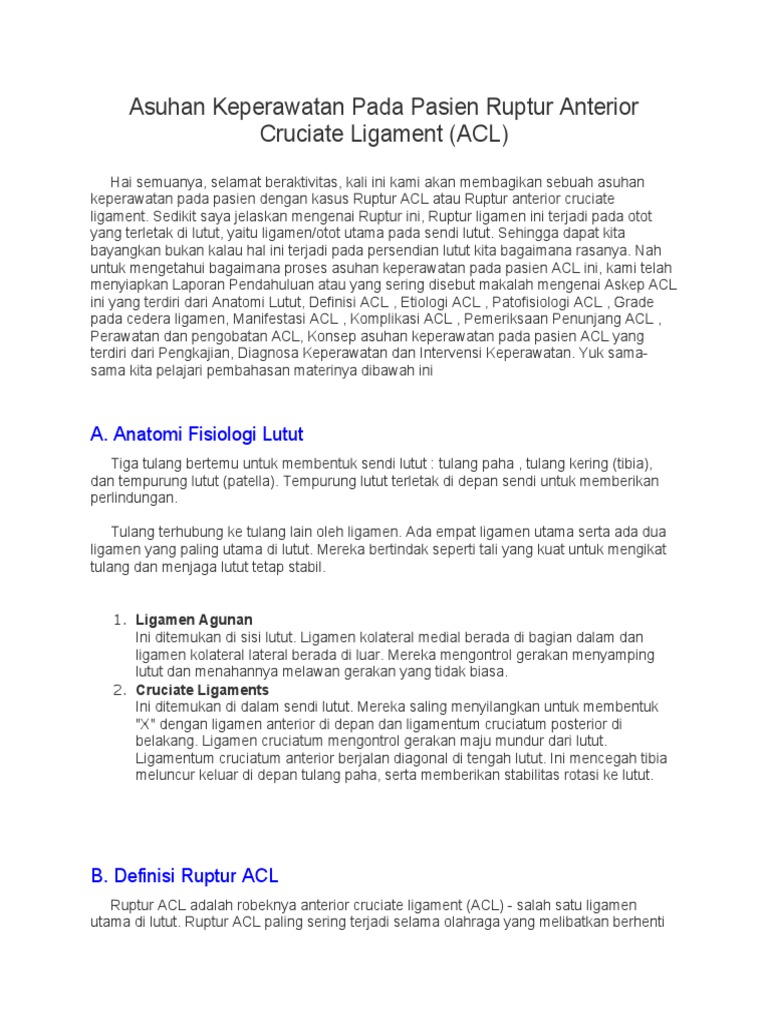 Asuhan Keperawatan Pada Pasien Ruptur Anterior Cruciate Ligament | PDF