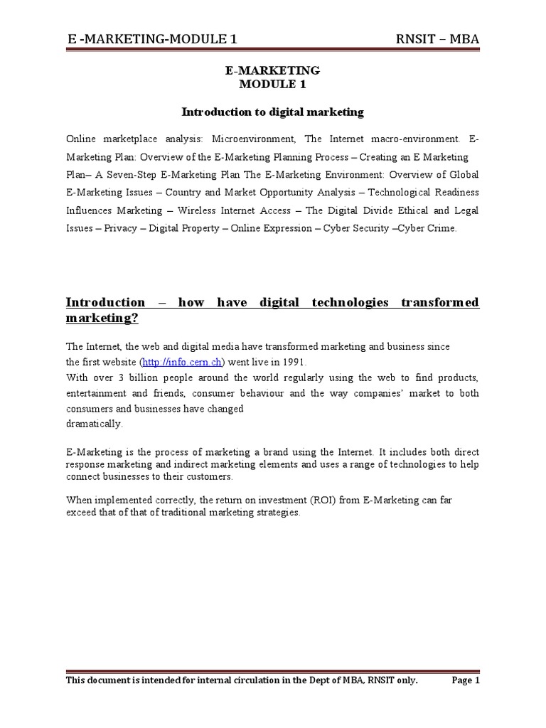 E - Marketing-Module 1 Rnsit - Mba | PDF | Digital Marketing | Strategic Management