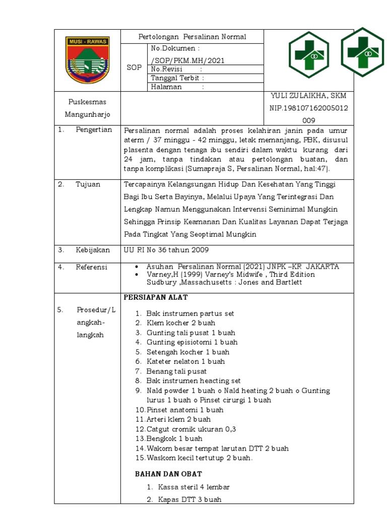 SOP Pertolongan Pertama Persalinan Normal | PDF