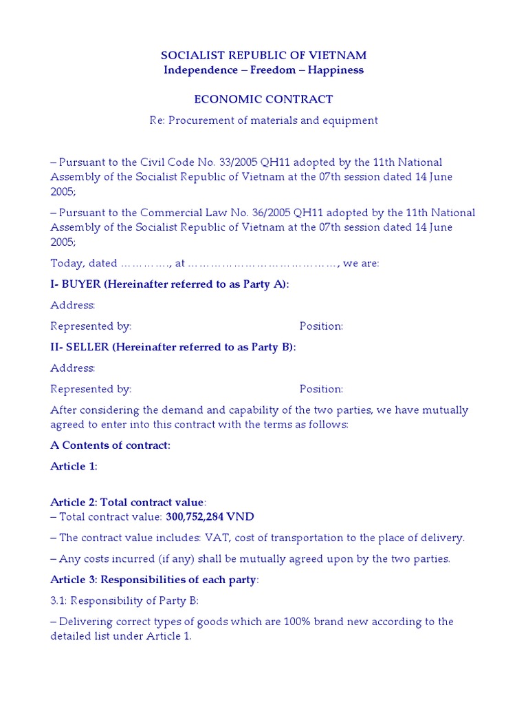 Economic Contract for Equipment Procurement | PDF | Government ...