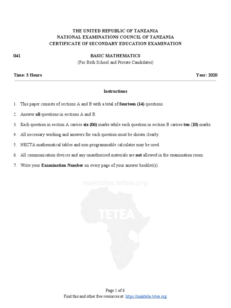 The United Republic of Tanzania National Examinations Council of ...