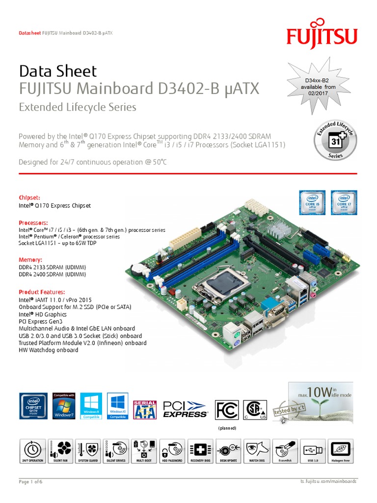 FUJITSU Mainboard D3402-B ATX: Data Sheet | Download Free PDF | Bios | Usb