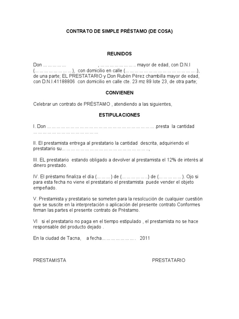 Modelo De Contrato Simple De Prestamo De Dinero - pospertcreditos