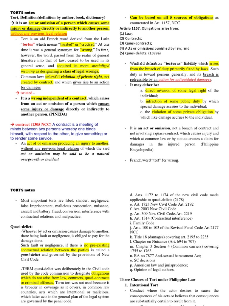TORTS Notes | PDF | Tort | Negligence
