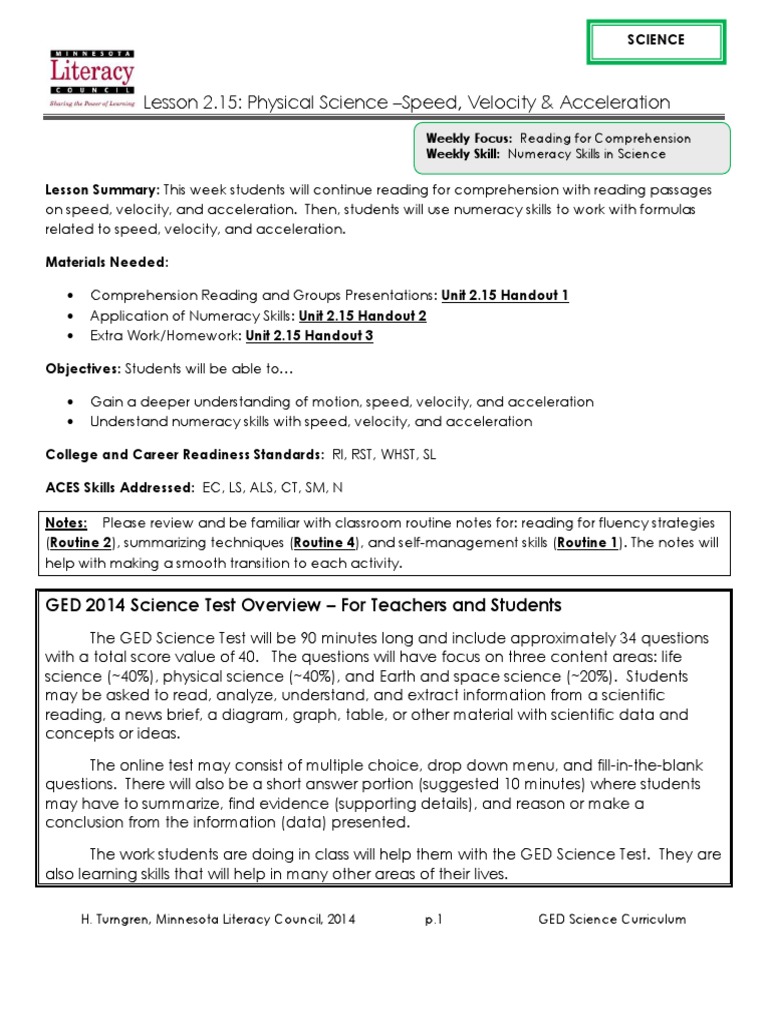 Lesson 2.15: Physical Science - Speed, Velocity & Acceleration | PDF ...