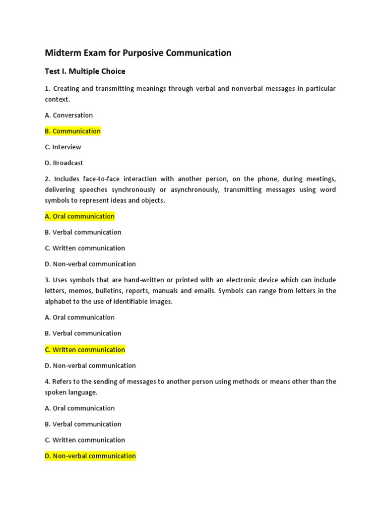 Midterm Exam For Purposive Communication: Test I. Multiple Choice | PDF ... Midterm Exam For Purposive Communication: Test I. Multiple Choice | PDF ...