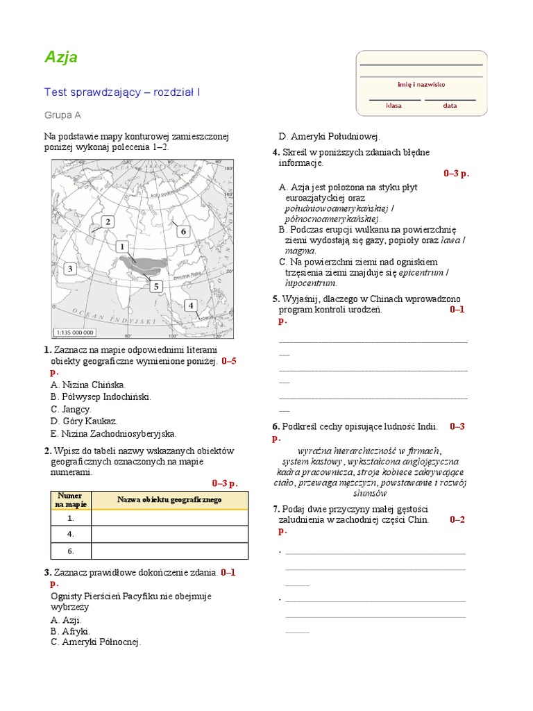 Test Sprawdzajacy Z Rozdzialu I Azja | PDF