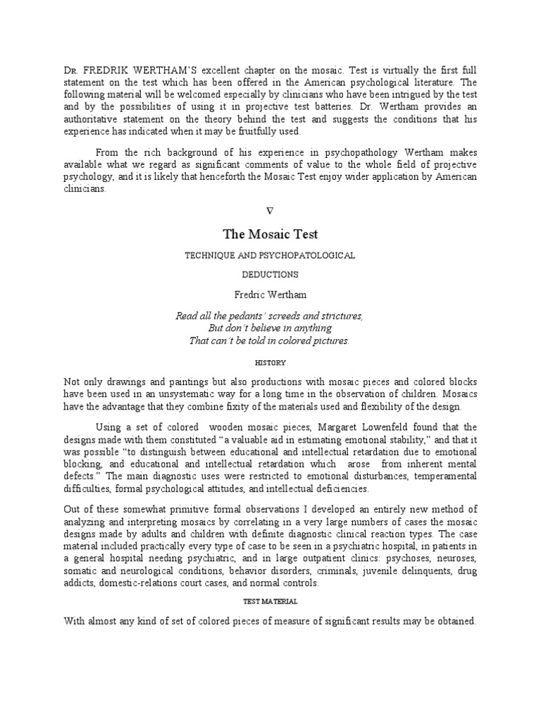 Mosaic Test | Download Free PDF | Schizophrenia | Psychiatric Hospital