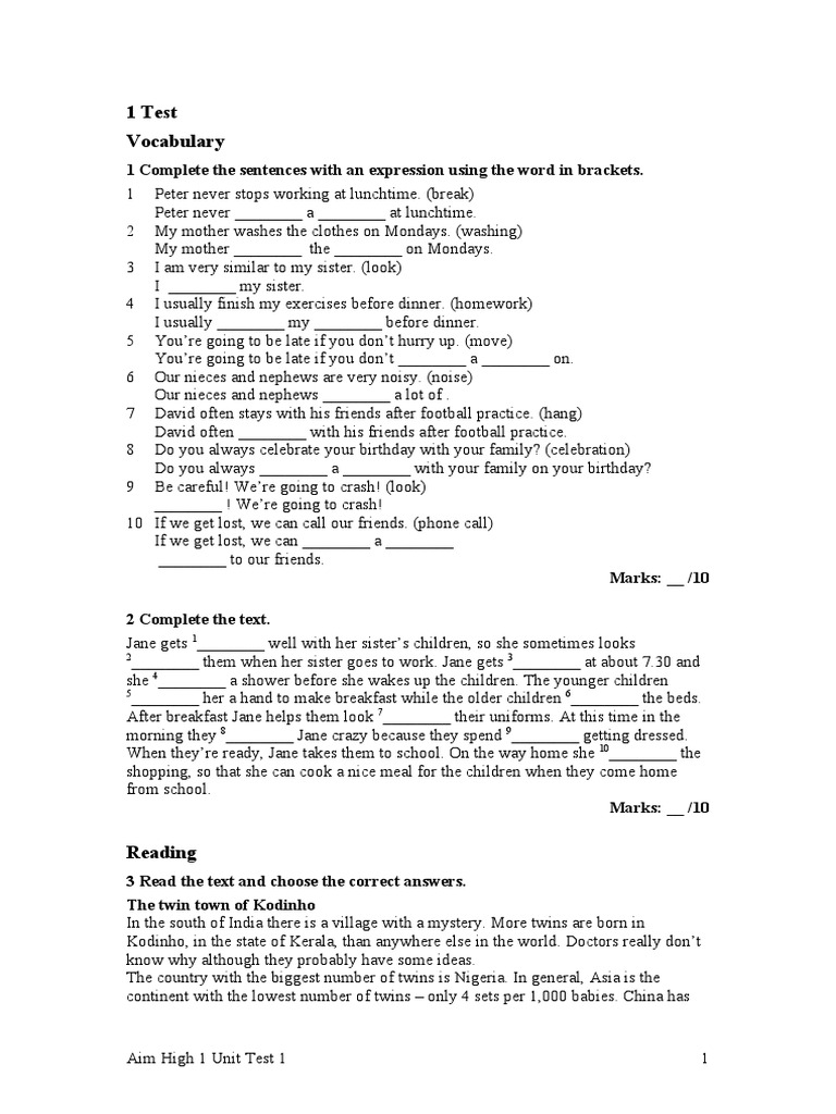 Aim High TB1 Test 1 | PDF