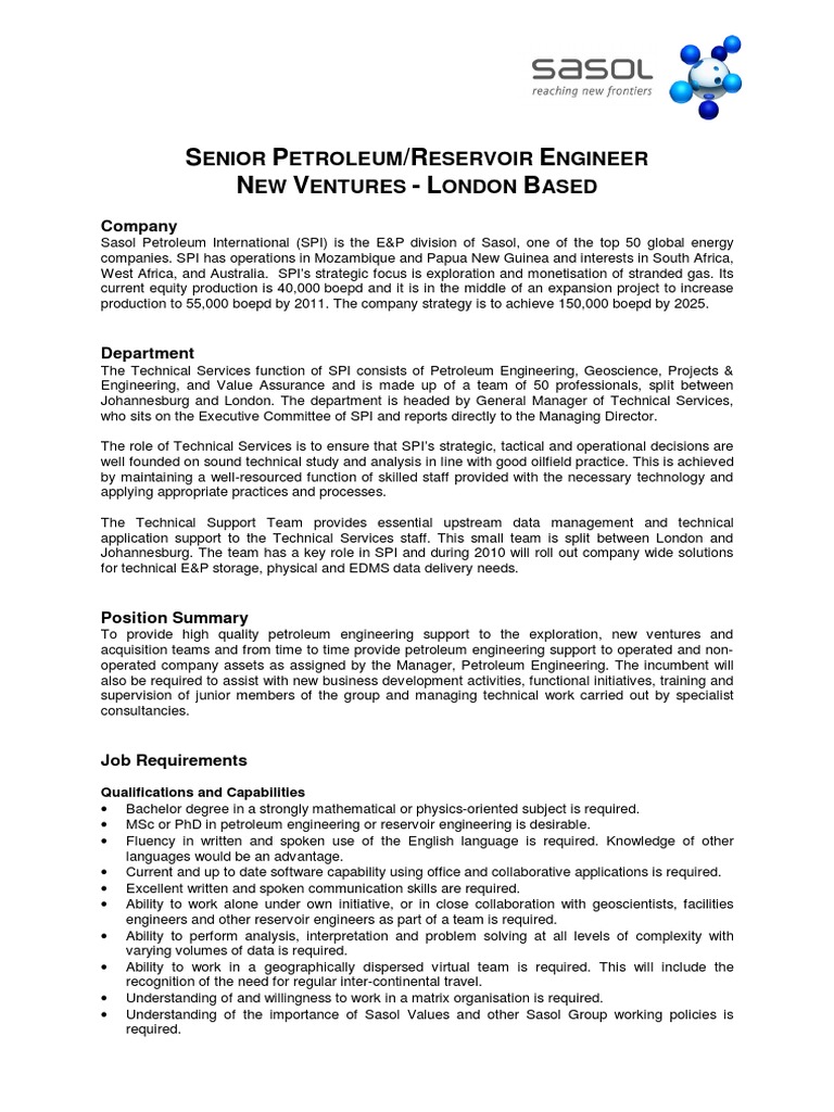 Senior Petroleum Engineer Job Description | PDF | Engineering | Expert