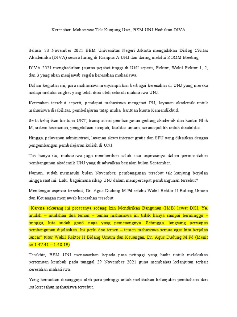 Keresahan Mahasiswa Tak Kunjung Usai, BEM UNJ Hadirkan DIVA | PDF