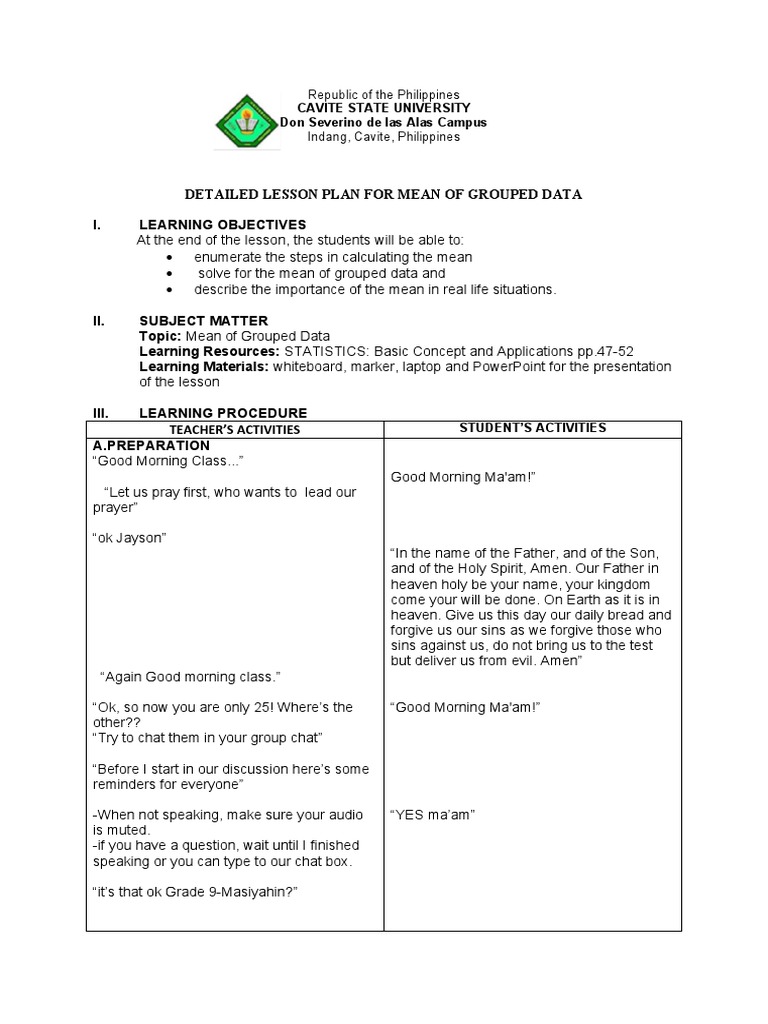 Mean of Grouped Data Lesson Plan | PDF | Mean | Lesson Plan