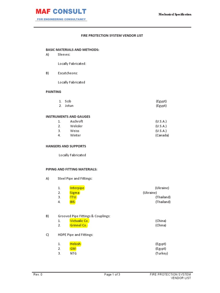 Fire Protection System Vendor List: Mechanical Specification | PDF ...