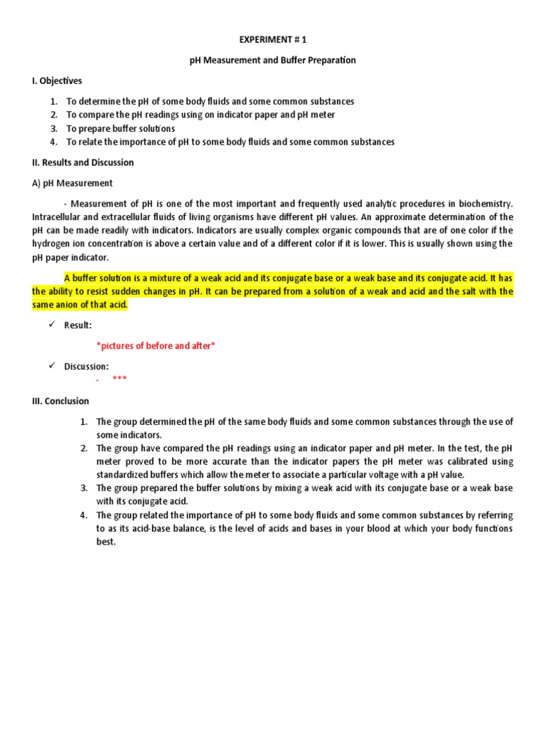 Experiment # 1 PH Measurement and Buffer Preparation I. Objectives ...