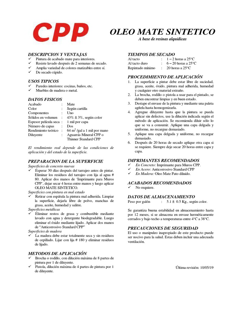 Pinturas CPP Esmaltes y Oleo Oleomate Ficha Tecnica | PDF | Pintar ...