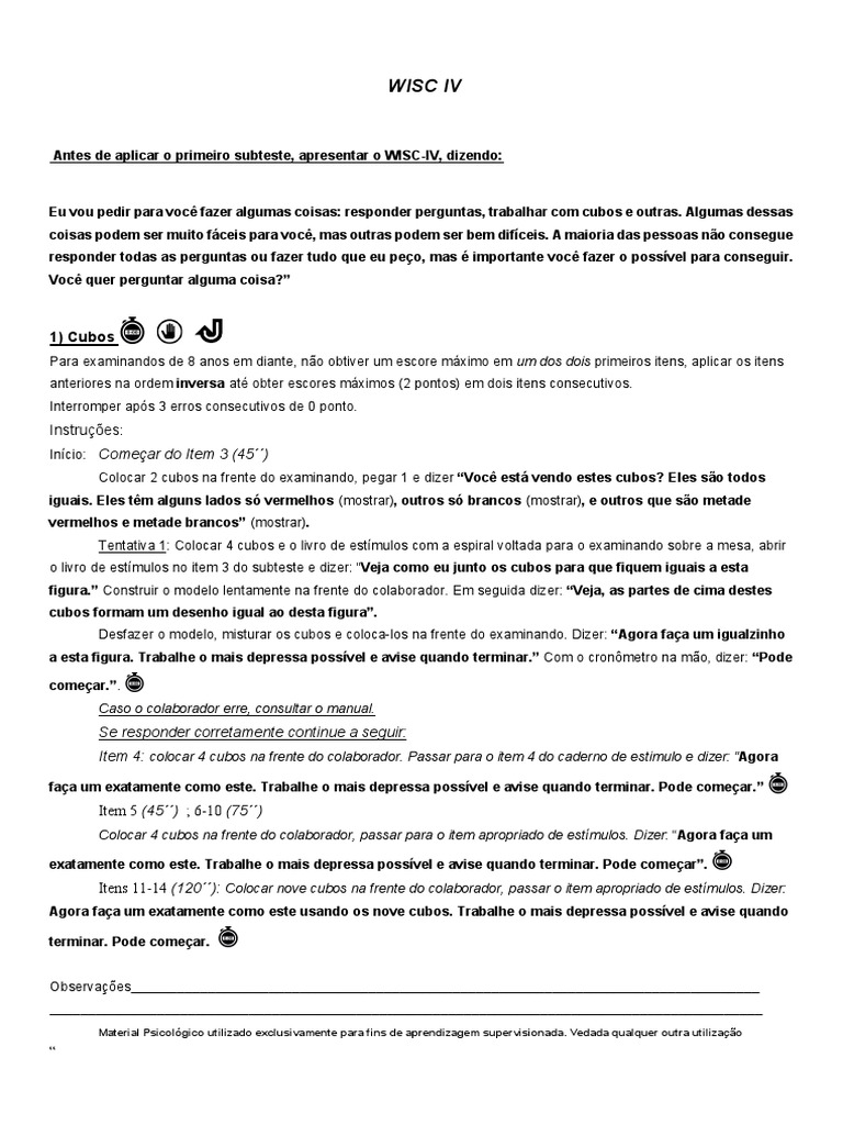 Preparando e aplicando o subteste de Cubos do WISC-IV | PDF ...