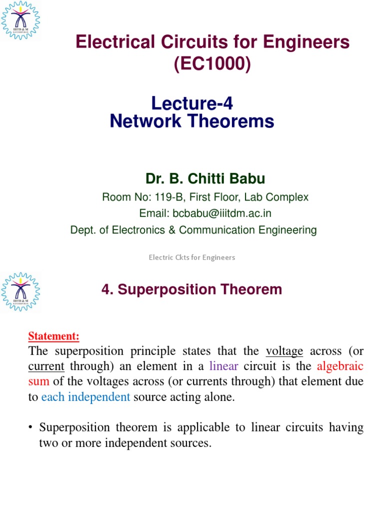 Electrical Circuits For Engineers (EC1000) : Lecture-4 Network Theorems ...