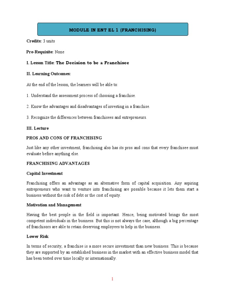 The Decision To Be A Franchisee | PDF | Franchising | Entrepreneurship