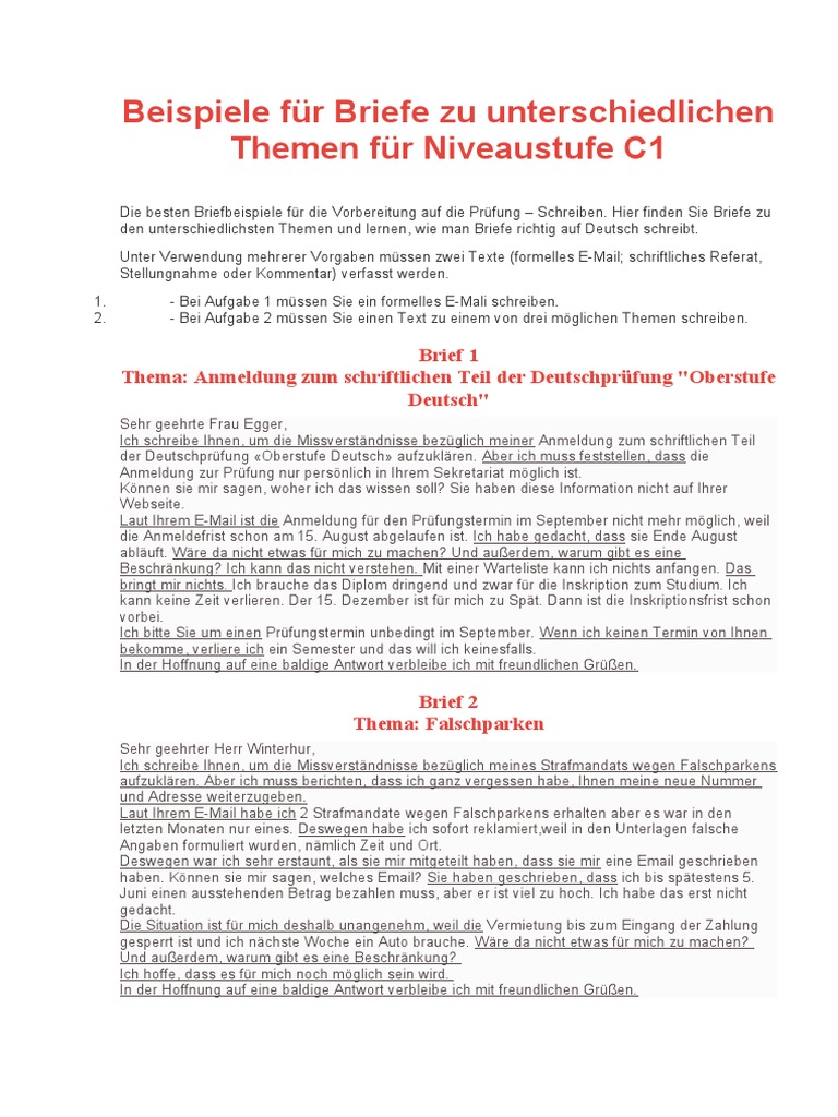Beispiele Für Briefe Zu Unterschiedlichen Themen Für Niveaustufe C1 | PDF