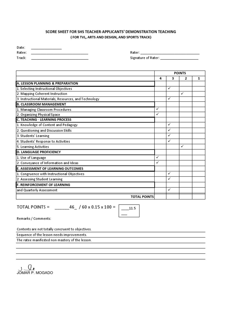 SHS Teacher Demo Teaching Score Sheet | PDF | Learning | Behavior ...