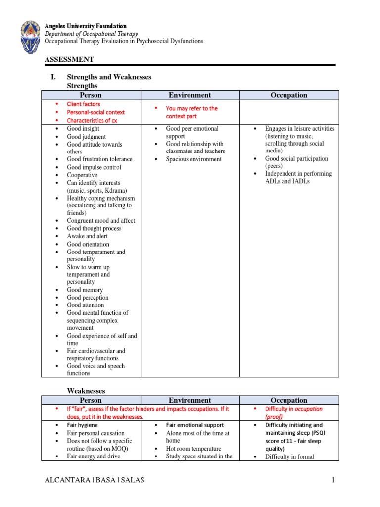 OT4a 12. Documentation of Assessment Part of The Initial Evaluation ...