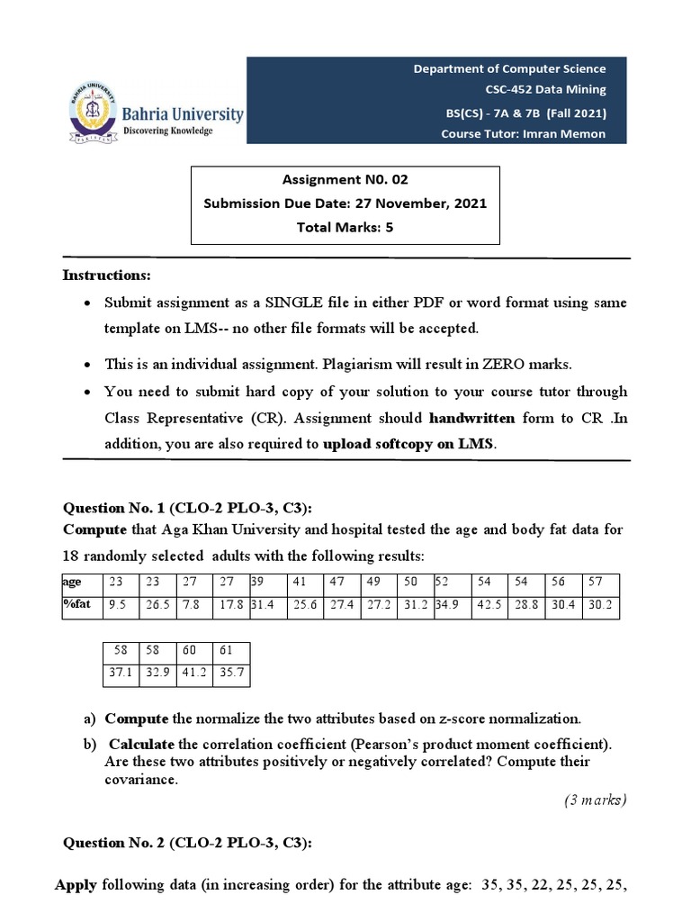 Department of Computer Science CSC-452 Data Mining BS (CS) - 7A & 7B ...