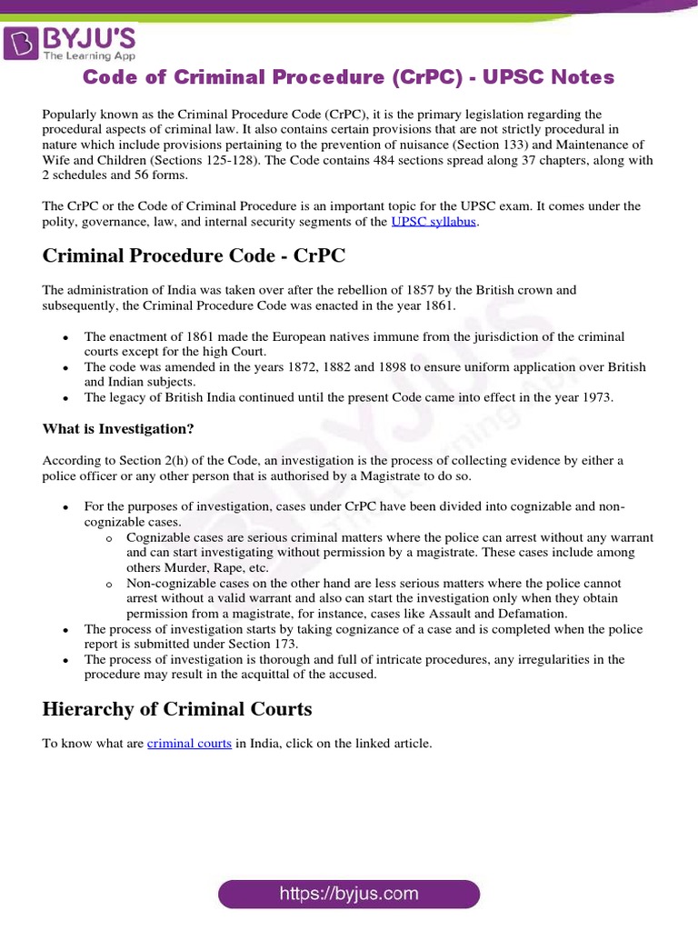 Code Of Criminal Procedure Crpc Upsc Notes Pdf Arrest Bail 2589