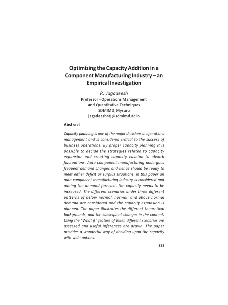 Optimizing The Capacity Addition in A Component Manufacturing Industry ...