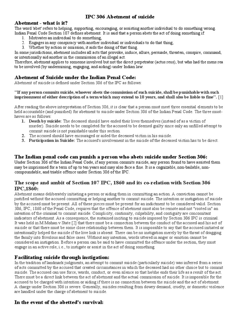 IPC 306 Abetment of Suicide | PDF | Aiding And Abetting | Criminal Law
