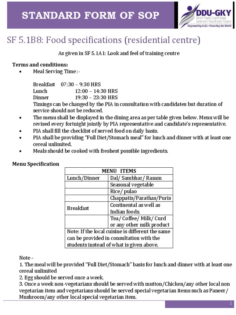 SF 5.1B8 Food Specifications (Residential Centre) | PDF | Meal | Lunch