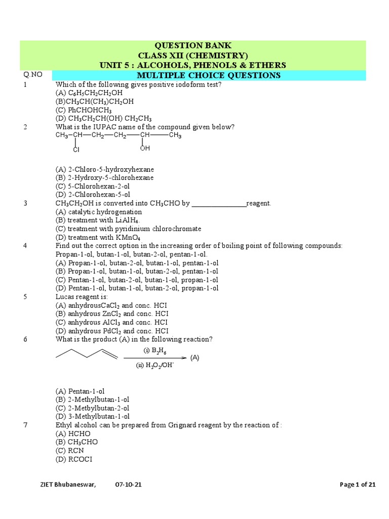 Question Bank Class Xii (Chemistry) Unit 5: Alcohols, Phenols & Ethers ...