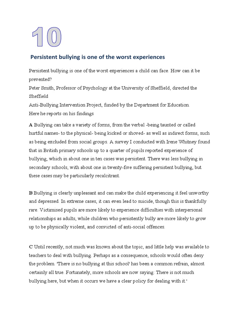 Persistent Bullying Is One of The Worst Experiences | PDF | Bullying ...