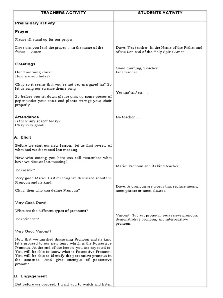 Teachers Activity on Possessive Pronouns | PDF | Pronoun | Noun