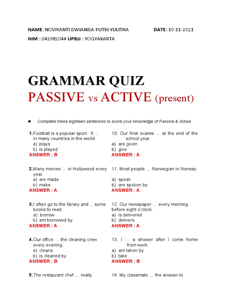 Grammar Quiz: Passive Active | PDF