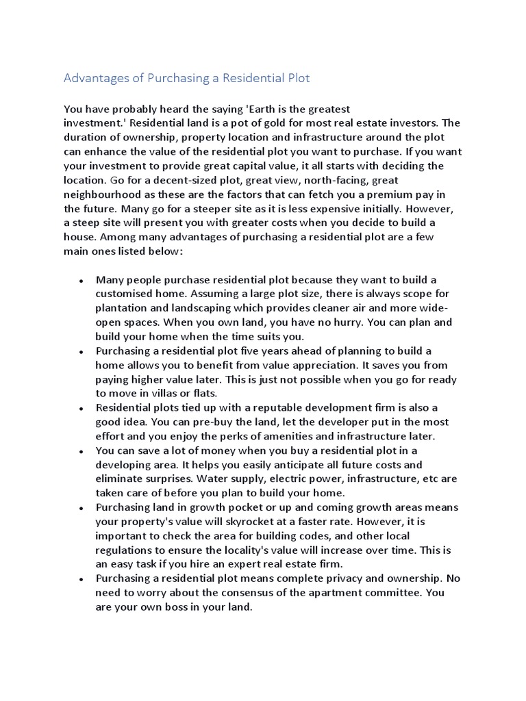 Advantages of Purchasing A Residential Plot | PDF | Investing | Market ...