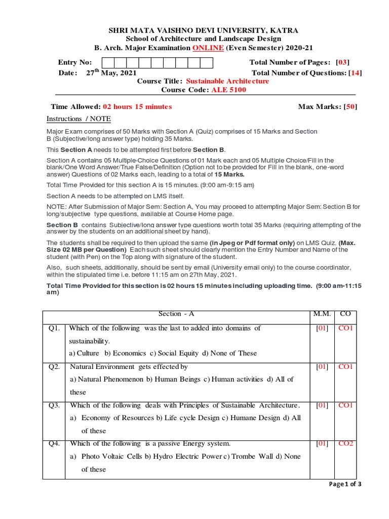 QP Major ALE5100 Even Sem 2020-21. | PDF | Sustainability | Sustainable Architecture