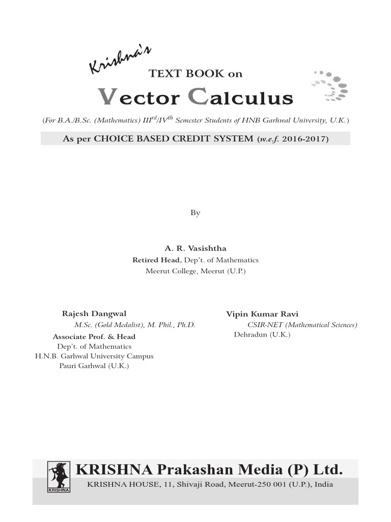 Krishna's Textbook on Vector Calculus | PDF | Euclidean Vector | Plane ...