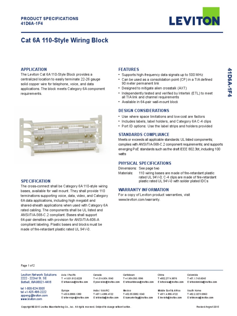 Cat 6A 110-Style Wiring Block: Product Specifications 41D6A-1F4 | PDF ...