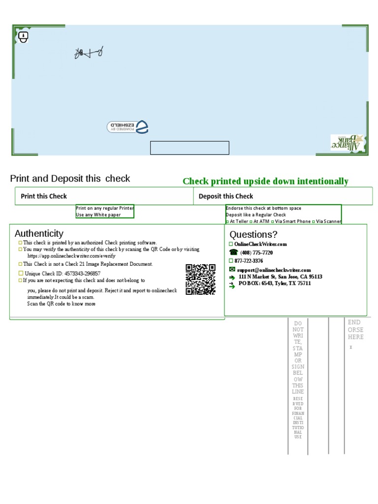 Print and Deposit This Check: Check Printed Upside Down Intentionally ...