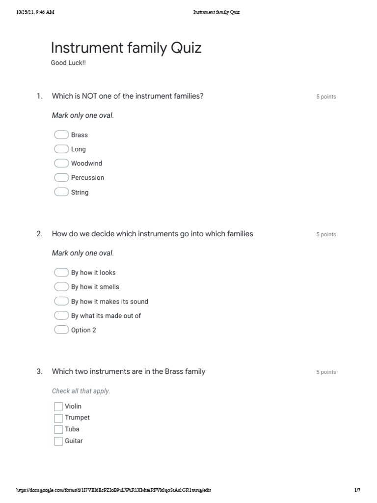 Instrument Family Quiz: Mark Only One Oval | PDF | String Instruments ...