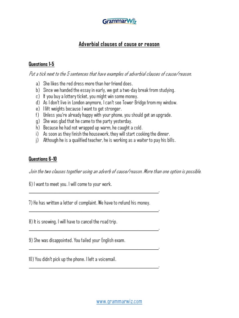 Adverb Clause Worksheet Cause or Reason | PDF | Linguistics | Adverb