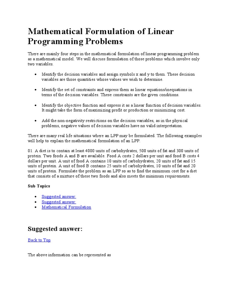Mathematical Formulation of Linear Programming Problems | PDF | Linear ...