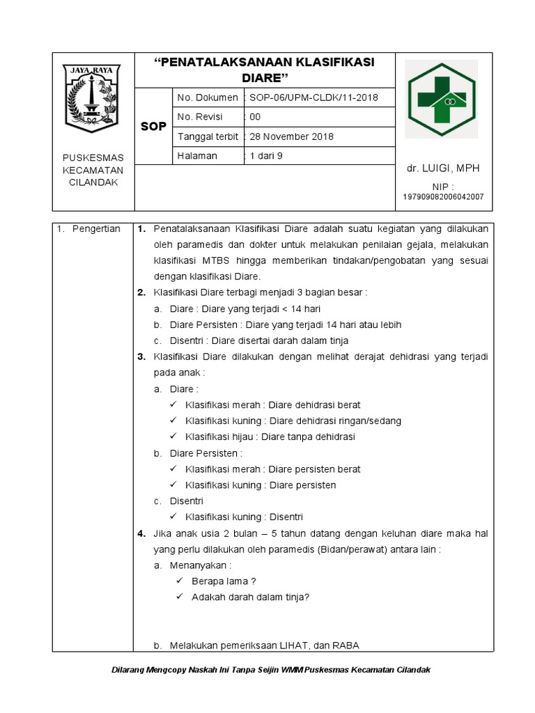 SOP Penatalaksanaan Klasifikasi Diare (OK) | PDF