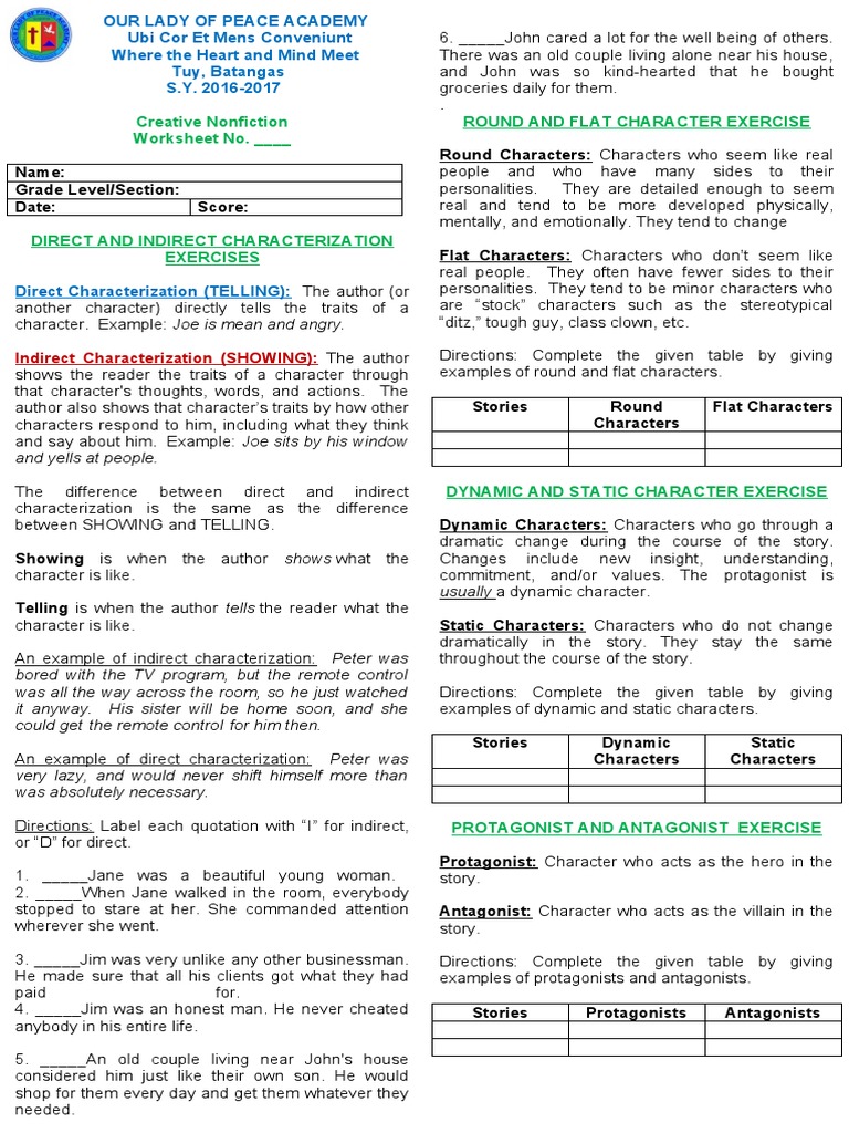 Characterization Worksheet 2b | PDF