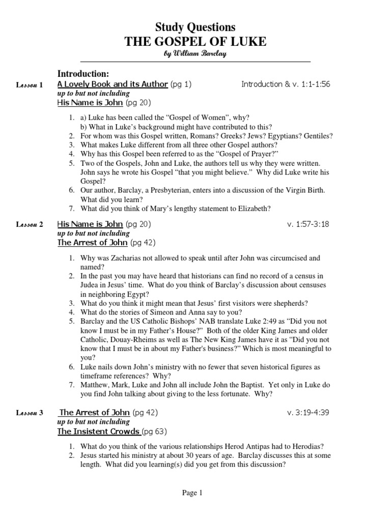 The Gospel of Luke: Study Questions | Download Free PDF | Jesus ...