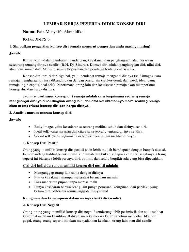 Faiz Ma X Ips 3 Lembar Kerja Peserta Didik Konsep Diri | PDF