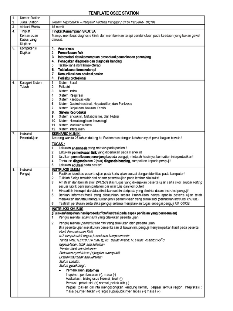 Template OSCE Station untuk Menilai Kemampuan Diagnosis dan Manajemen Awal Radang Panggul | PDF