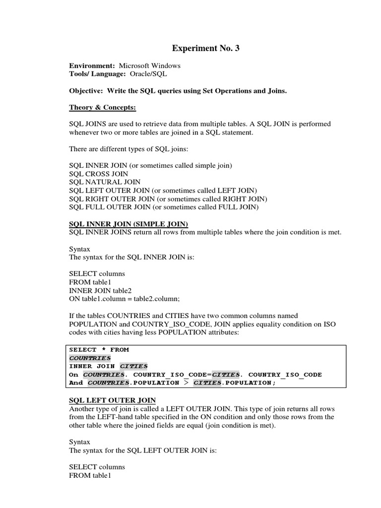 SQL Joins and Set Operations | PDF | Sql | Computer Science